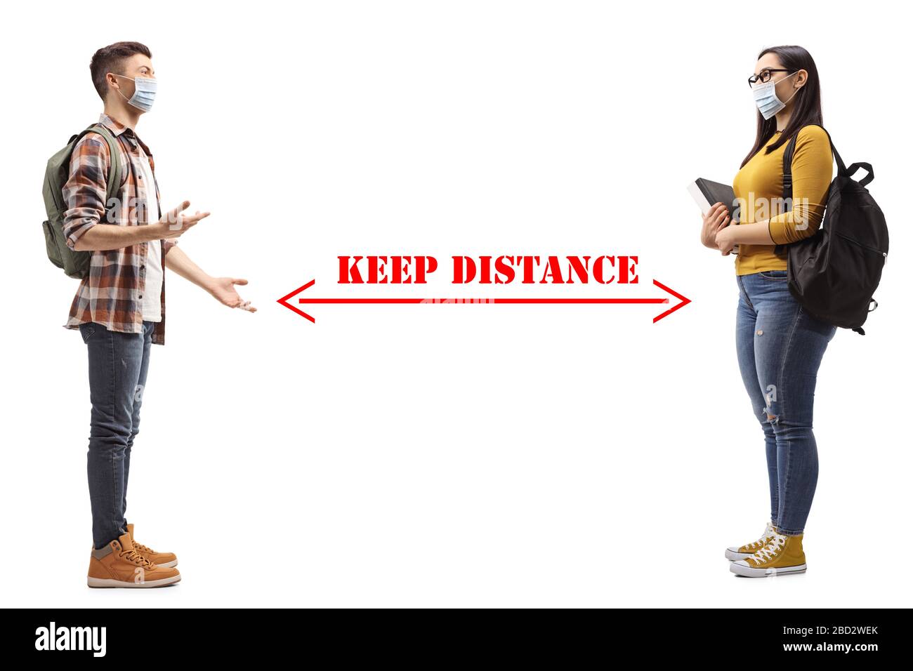 Full length shot of students with medical masks talking and an arrow ...