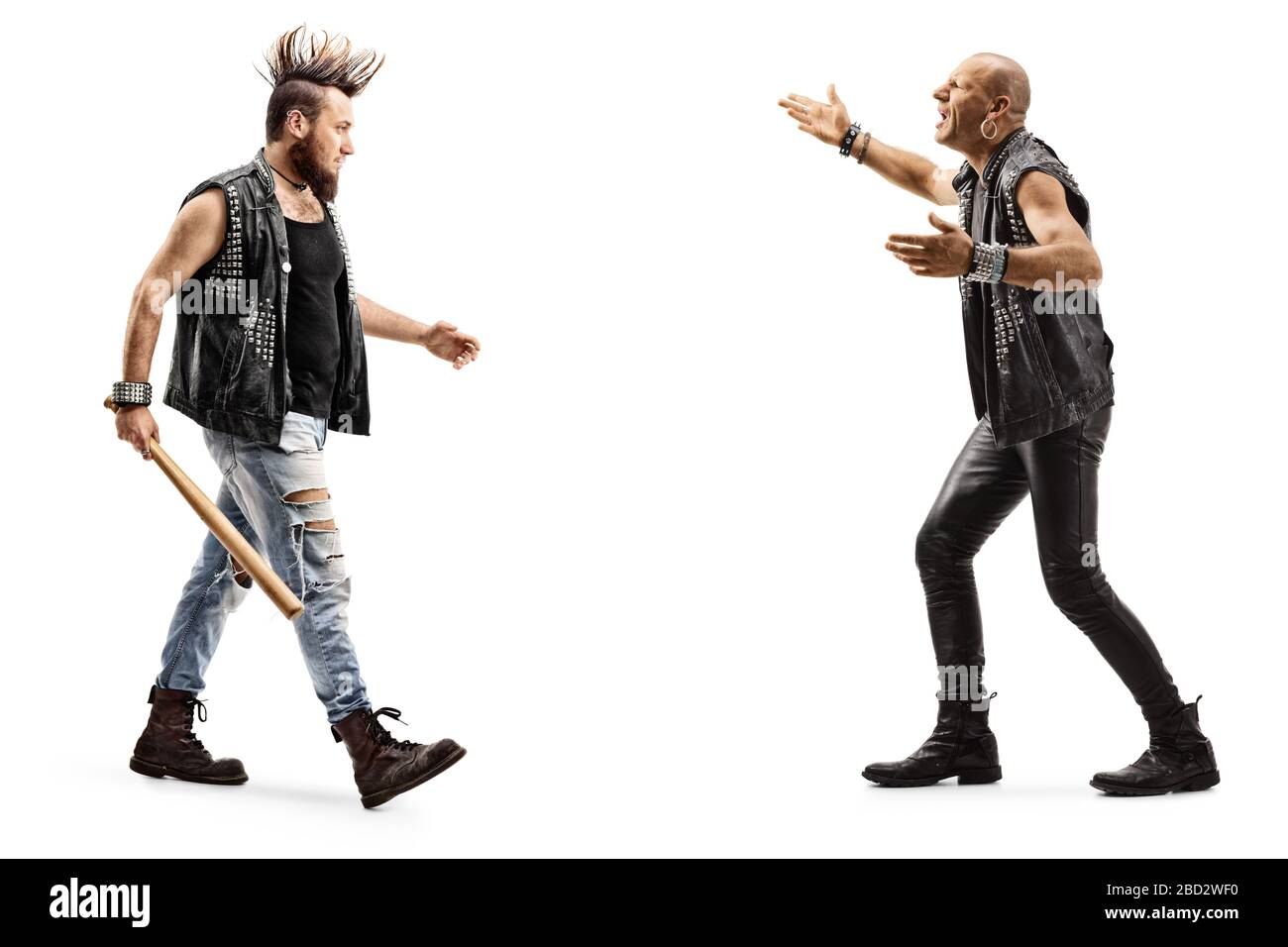 Full length profile shot of angry punk men arguing isolated on white ...