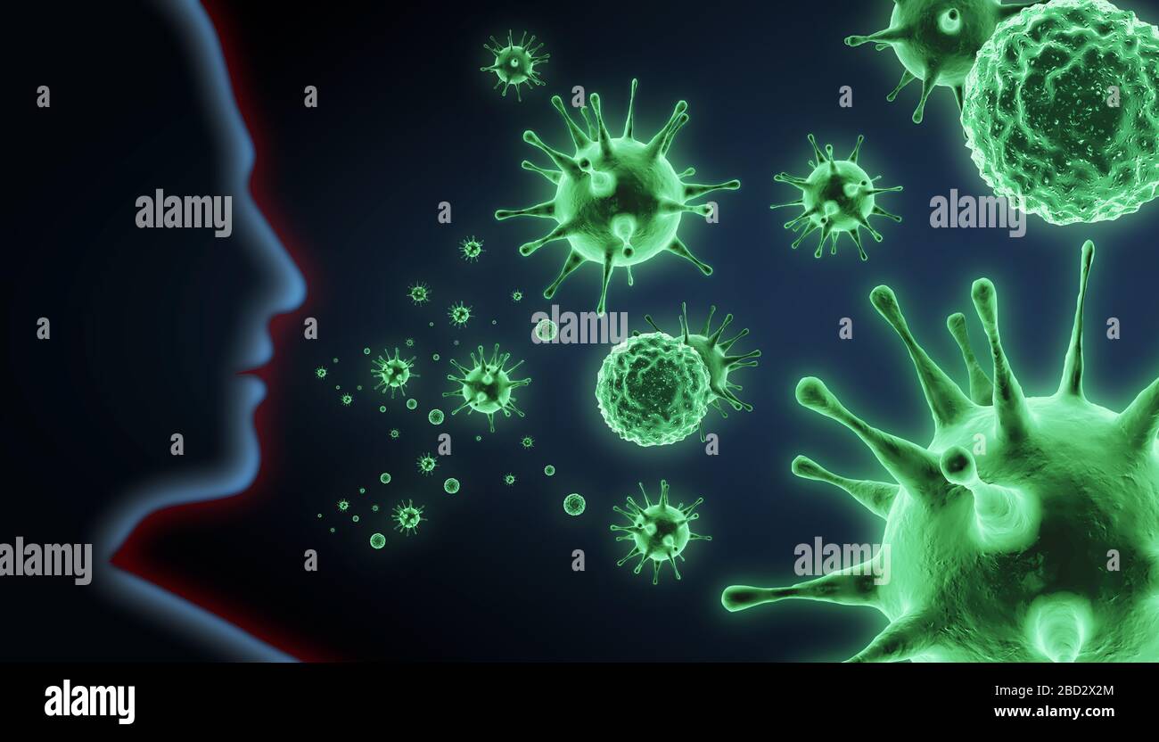 Microscopic view of influenza virus cells. 3D medical illustration ...