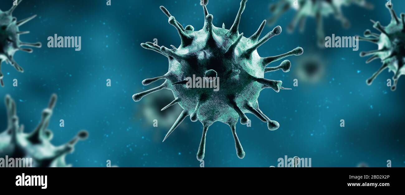 Microscopic view of influenza virus cells. 3D medical illustration ...