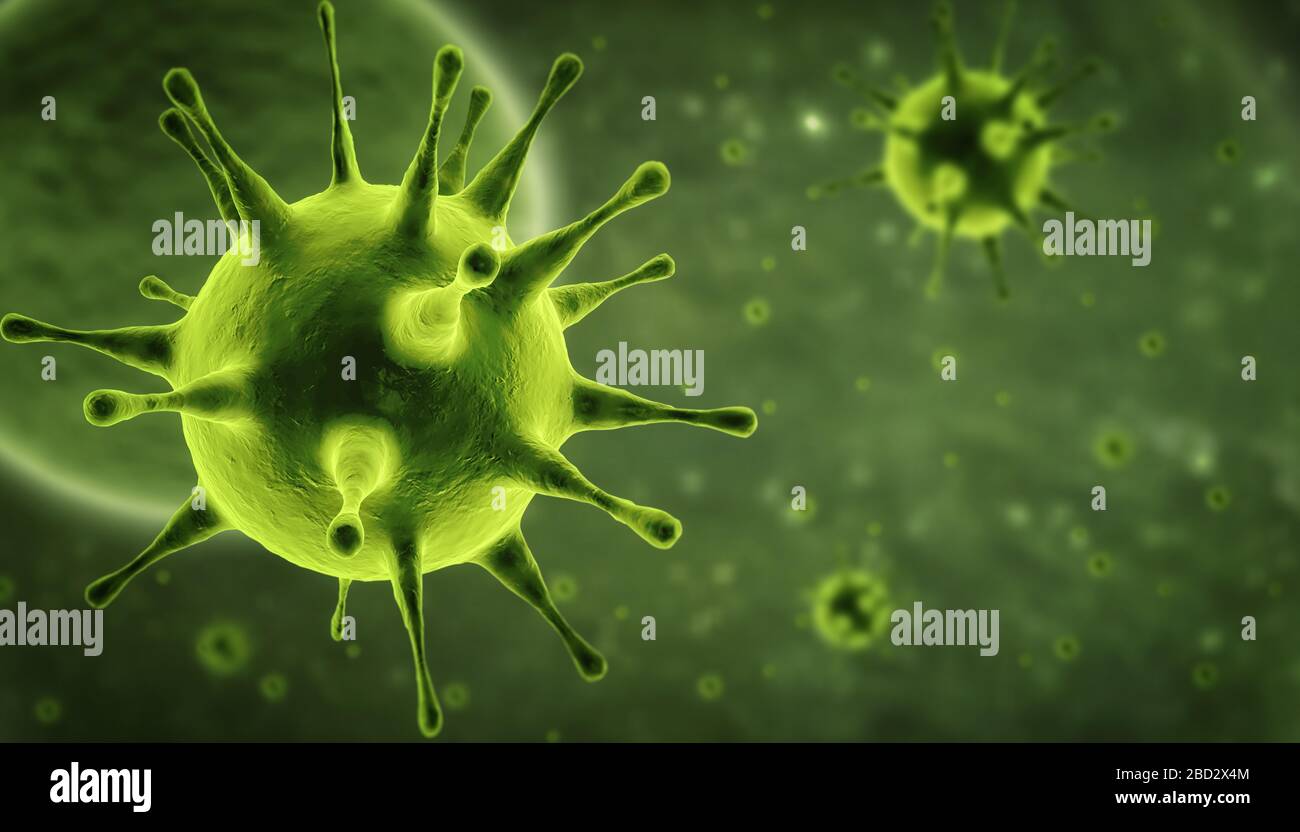 Microscopic view of influenza virus cells. 3D medical illustration ...