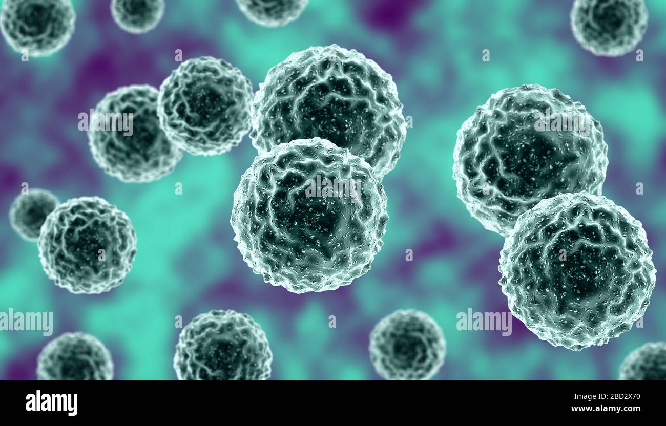 Microscopic view of influenza virus cells. 3D medical illustration ...