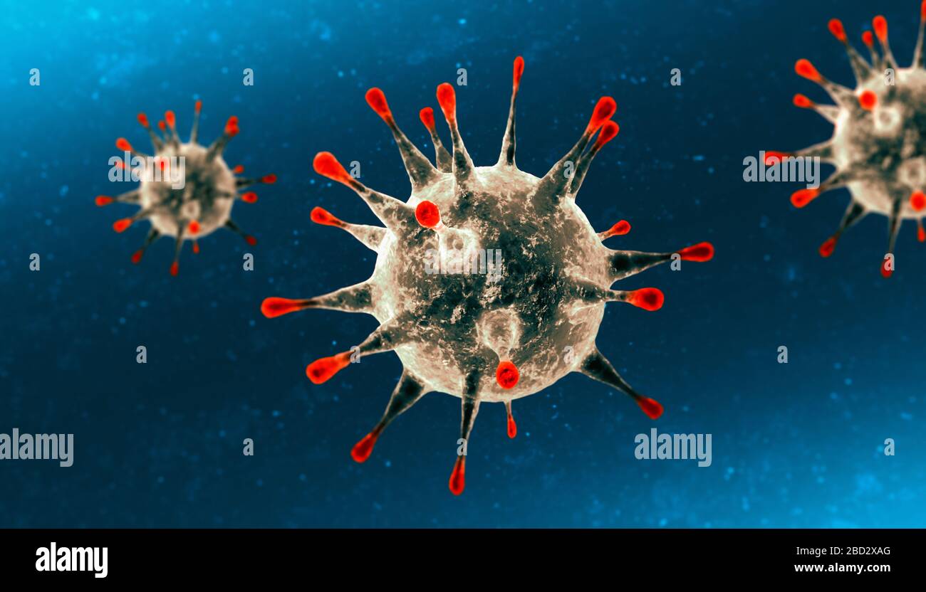 Microscopic view of influenza virus cells. 3D medical illustration ...