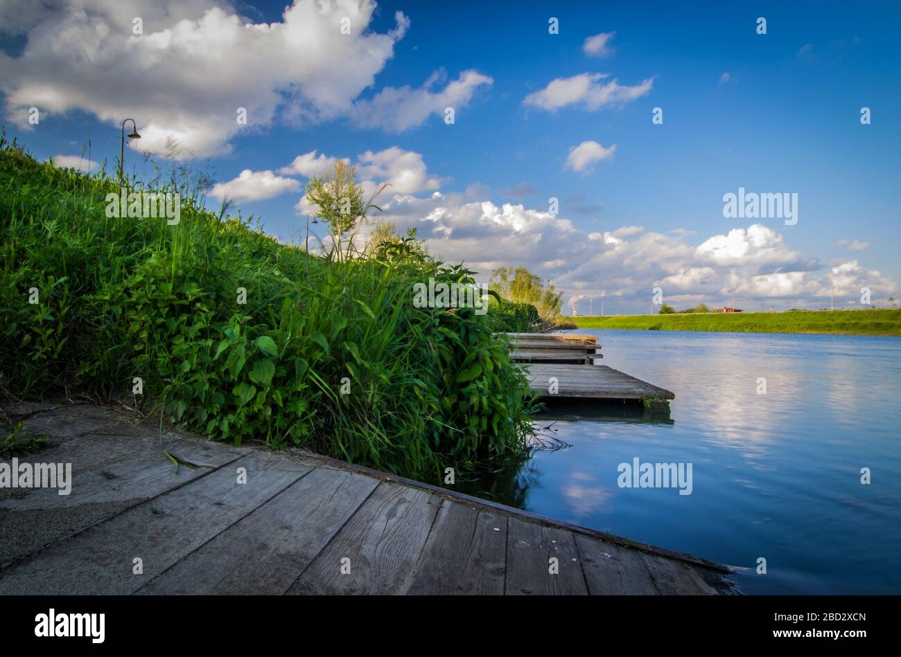 Wide angle view of a luxuriant river bank, with a wooden dock ...