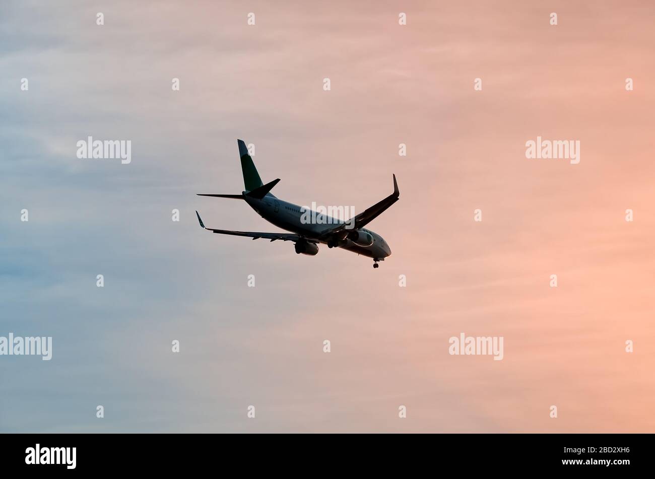 Large plane flies in the evening sunset sky, dramatic painted sky and ...