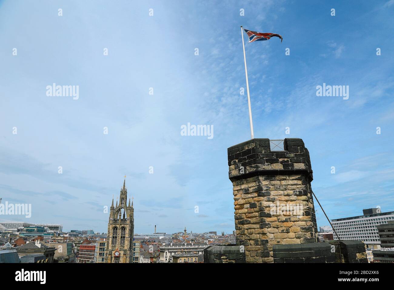 Overview of Newcastle, England. Beautiful sky and English flag Stock ...