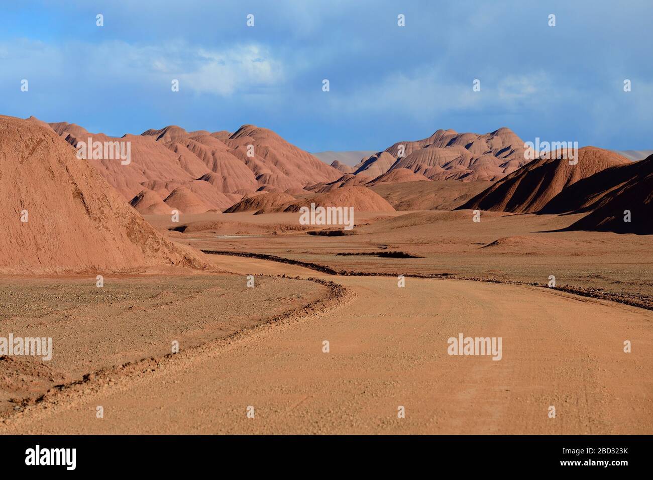Road through red rock formations, desert landscape, Desierto del Diablo ...