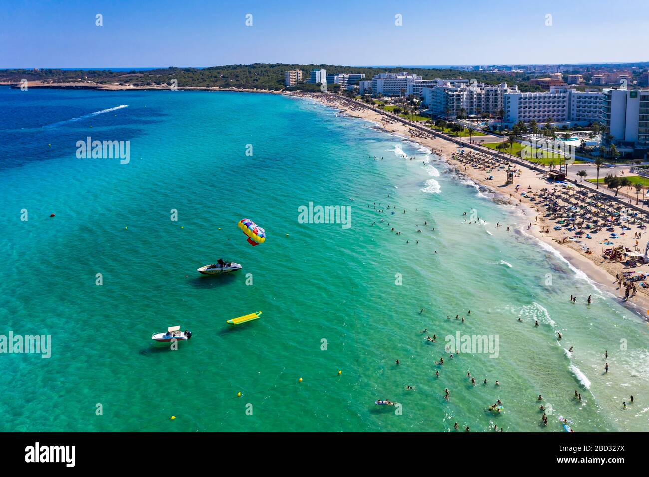 Aerial view, bathing bay of Cala Millor and Cala Bona, region Llevant ...