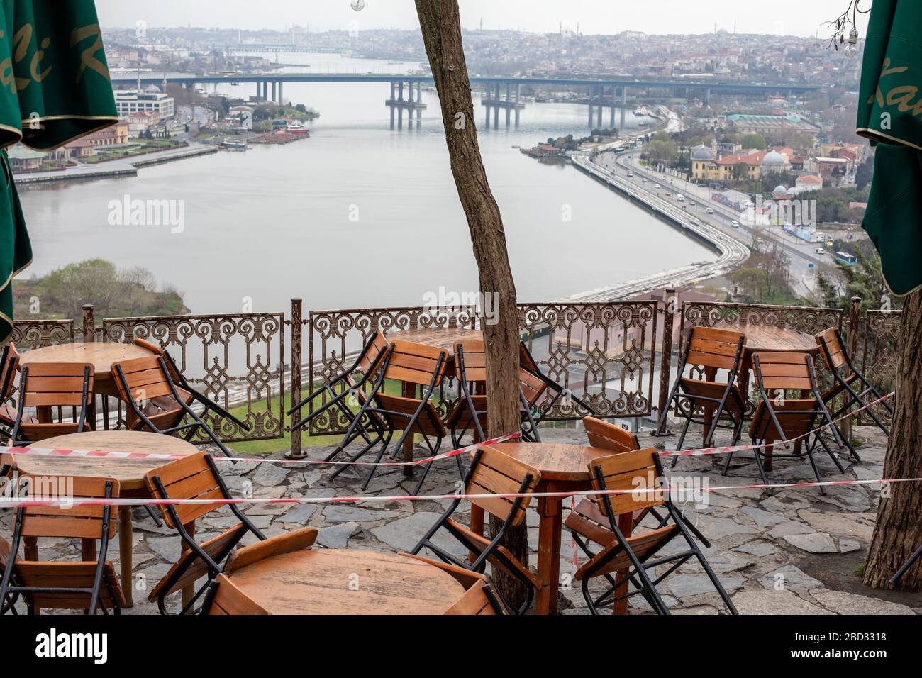 Chairs and tables are sealed off from customers at Istanbul's famous ...
