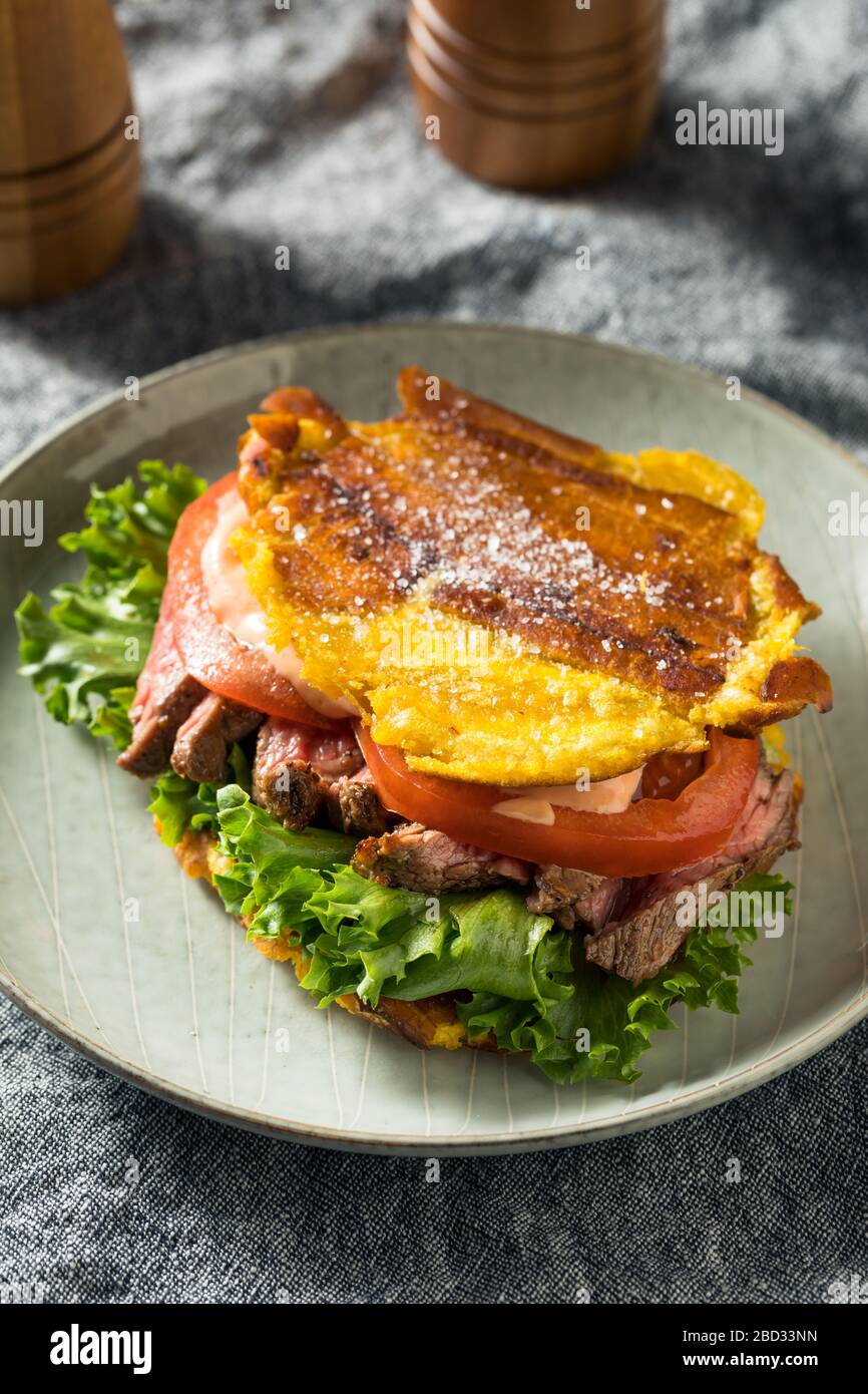 Homemade Puerto Rican Jibarito Steak Sandwich with Lettuce and Tomato ...