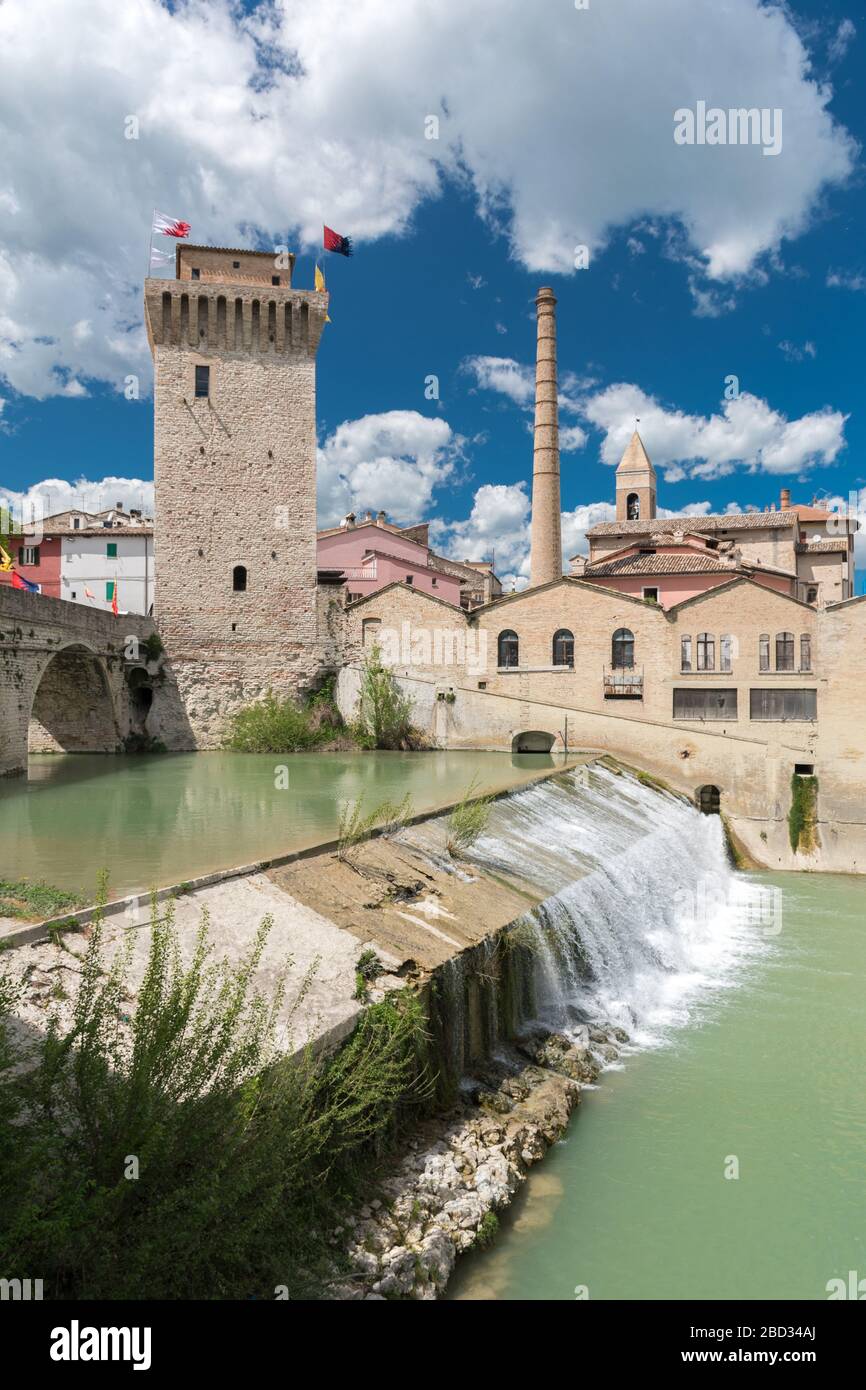 The river Metauro and the tower of Fermignano (Pesaro-Urbino, Marche ...