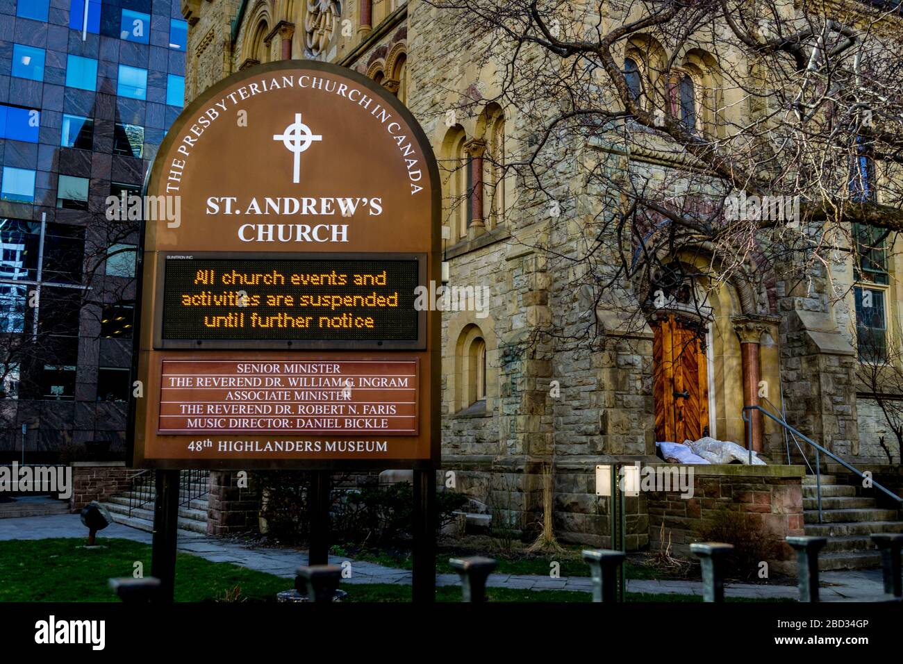St Andrew's church in downtown Toronto with message on sign amid the ...
