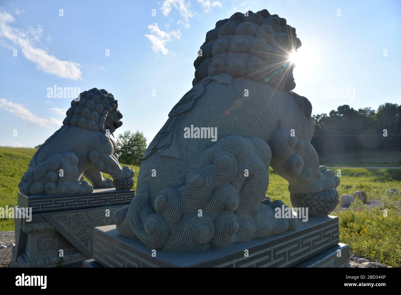 Chinese guardian lions placed in the entrance of the temple - back lit ...
