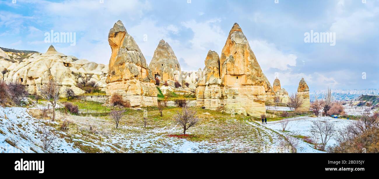 Panorama of winter landscape with fairy chimney tuff rocks and fruit ...