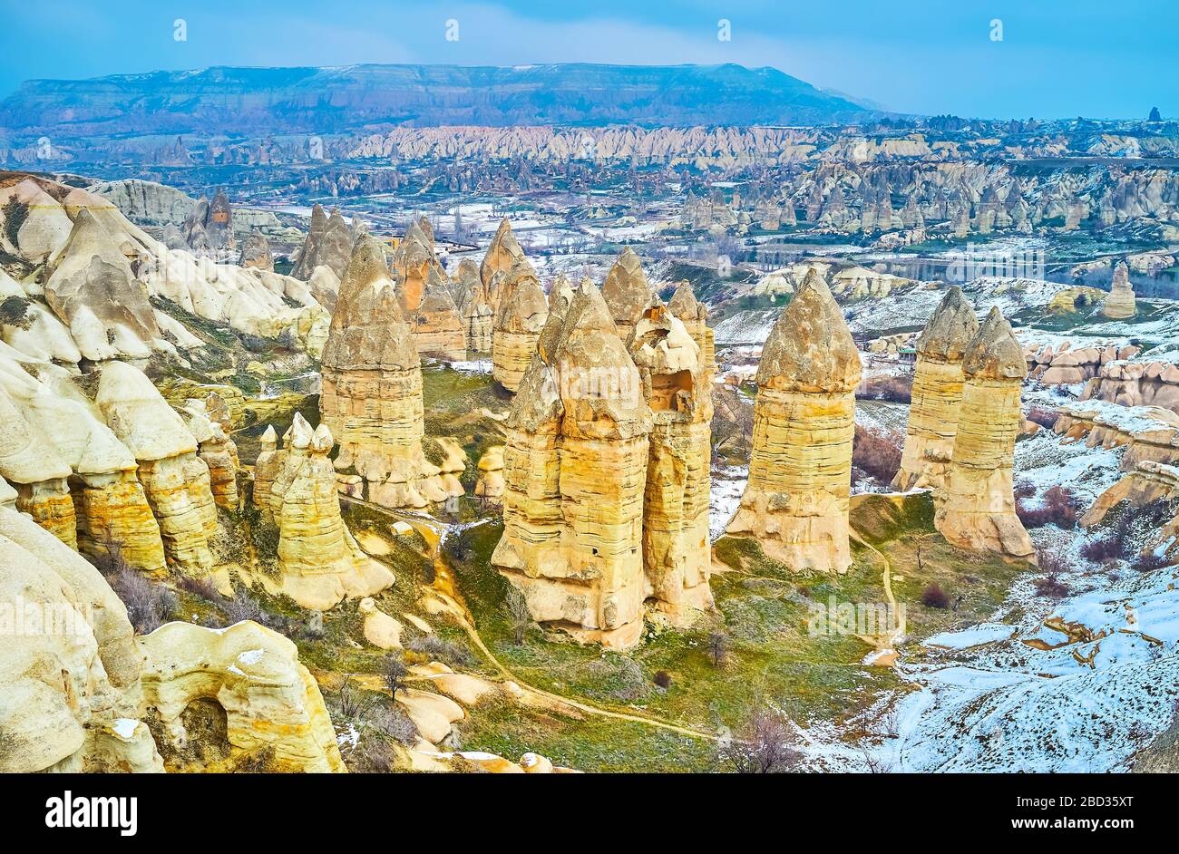 Aerial view of finger like (fairy chimney) rock formations of Goreme ...