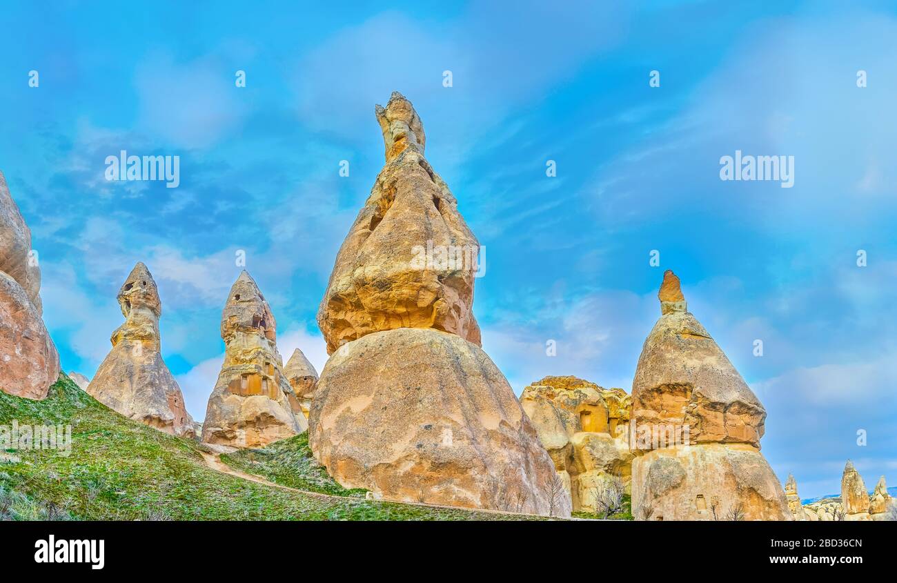 Panoram of Pigeon Valley with colored tuff formations and birdshouses ...