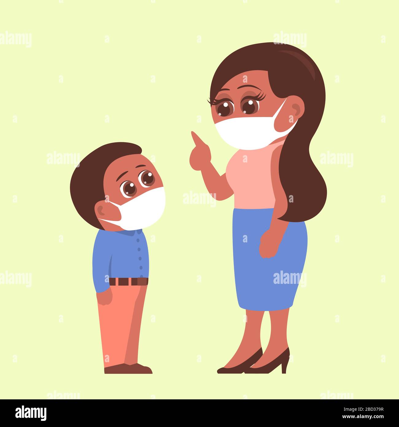 Mother teaches little son to wear a protective mask during an epidemic ...