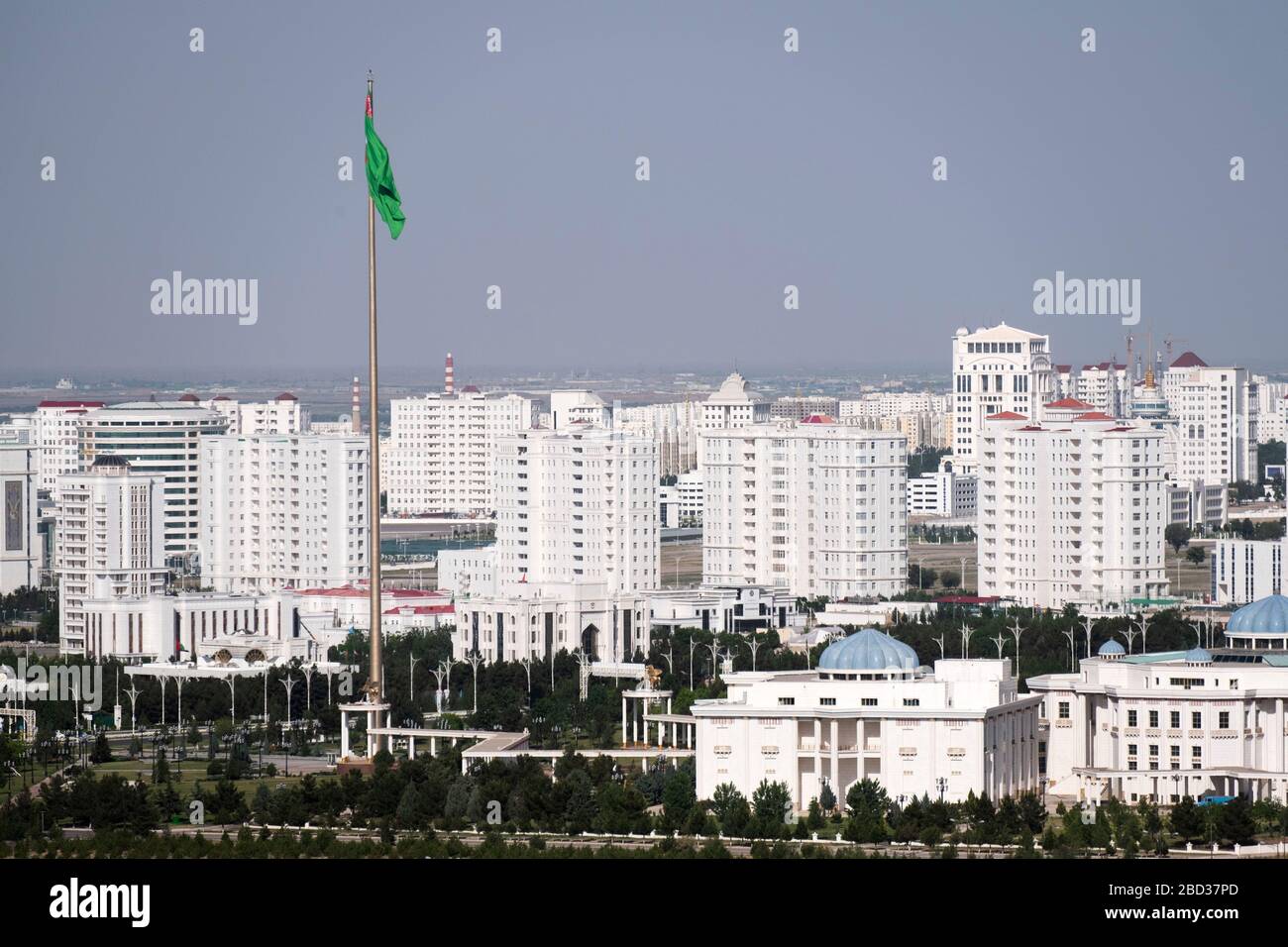 White towers of the skyline of Ashgabat, Turkmenistan viewed from the ...