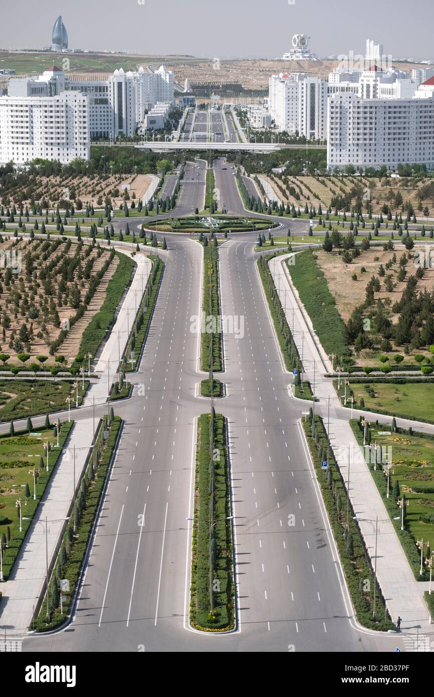 White towers of the skyline of Ashgabat, Turkmenistan viewed from the ...