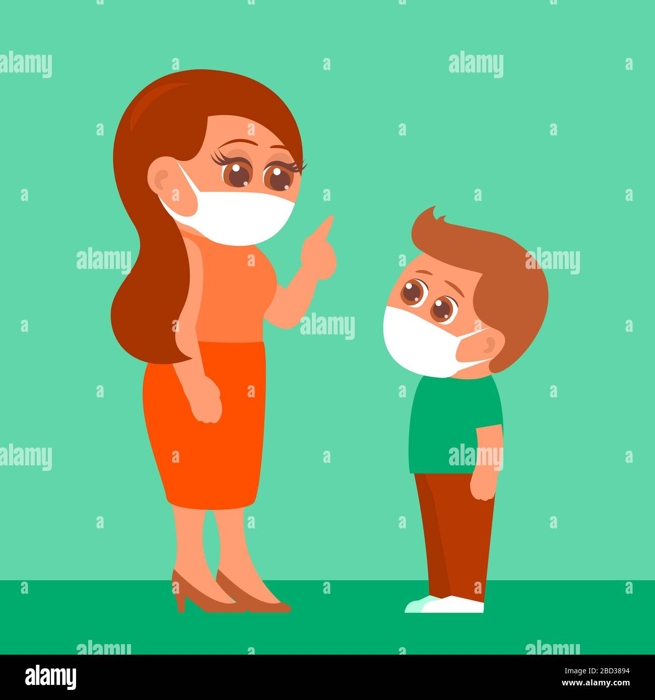 Mother teaches little son to wear a protective mask during an epidemic ...