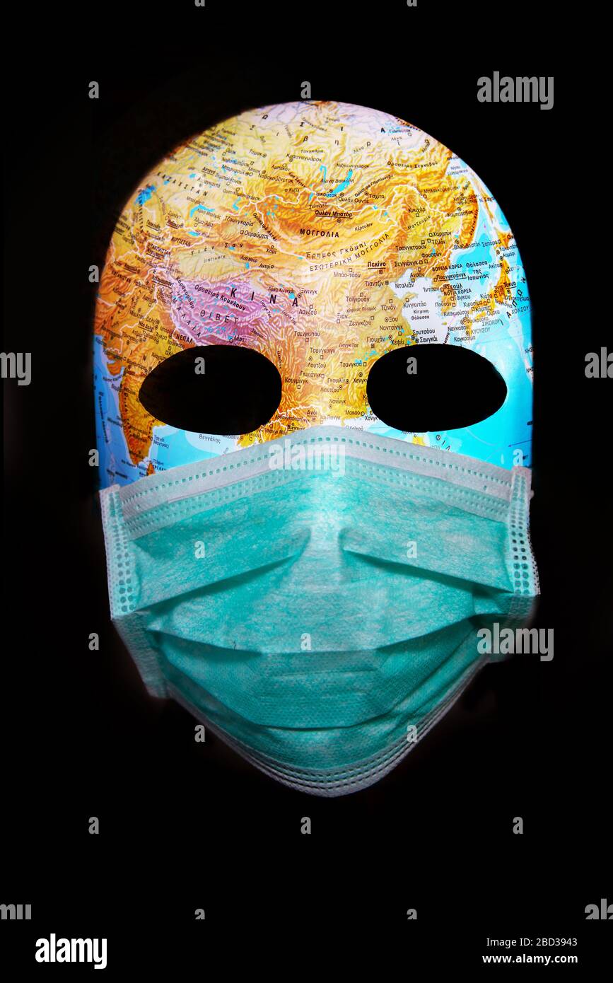 Textured mask with the map of Asia wearing surgical mask. Concept for ...