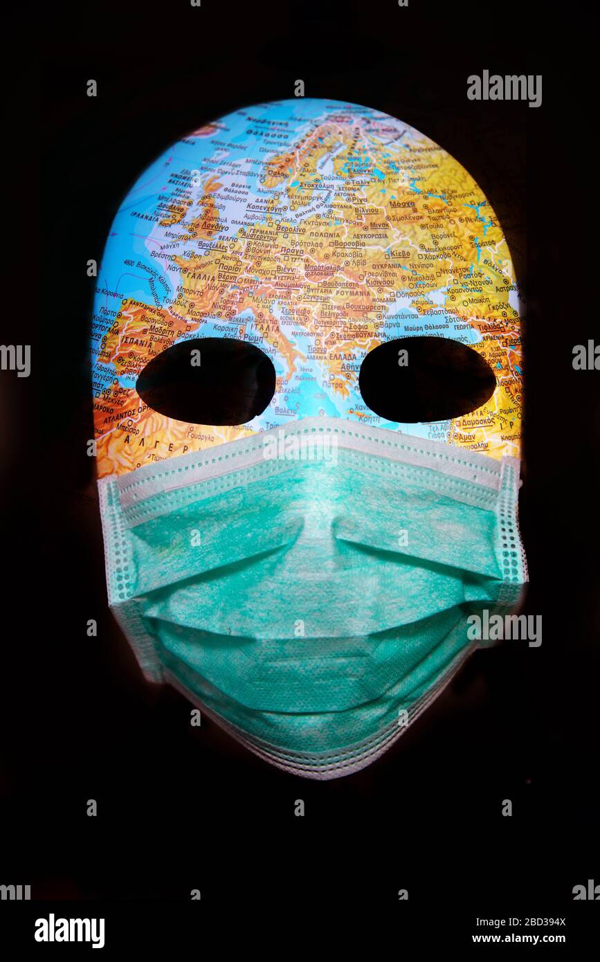Textured mask with the map of Europe wearing surgical mask. Concept for ...