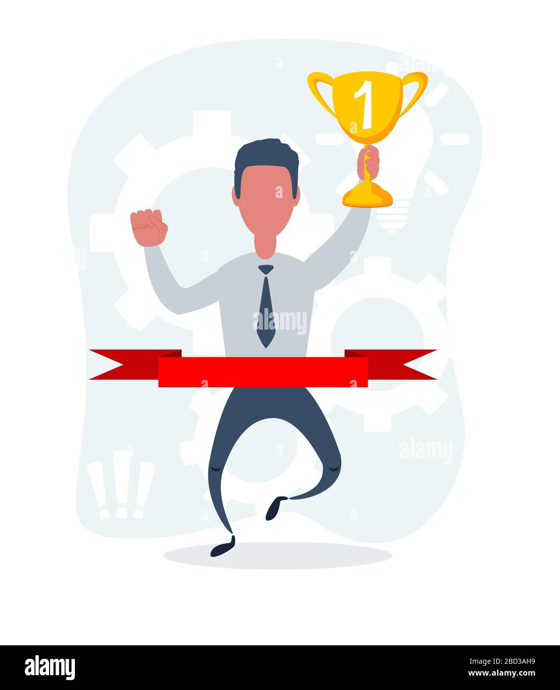 Happy businessman crosses finish line with trophy cup, gold medal, for ...