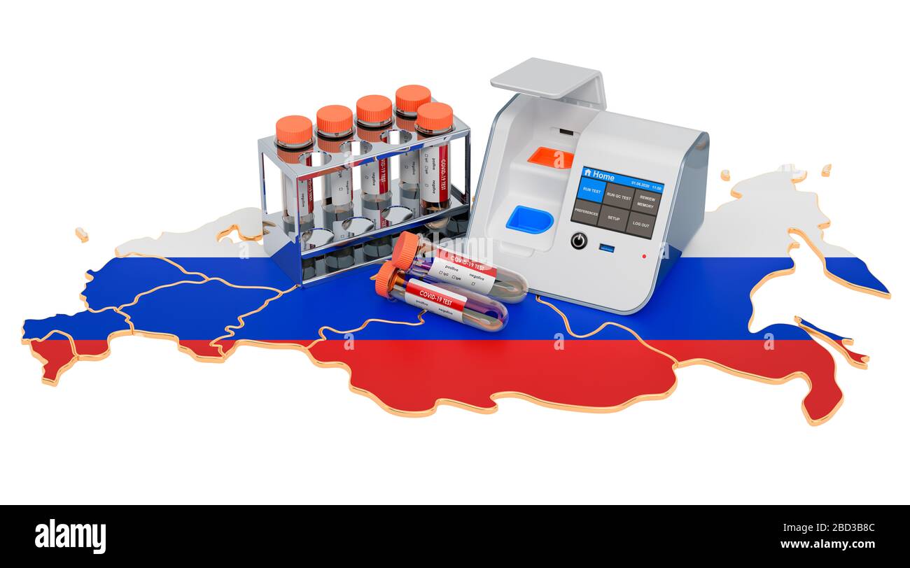 COVID-19 testing in Russia concept. Lab-in-a-box test with nasal swab ...
