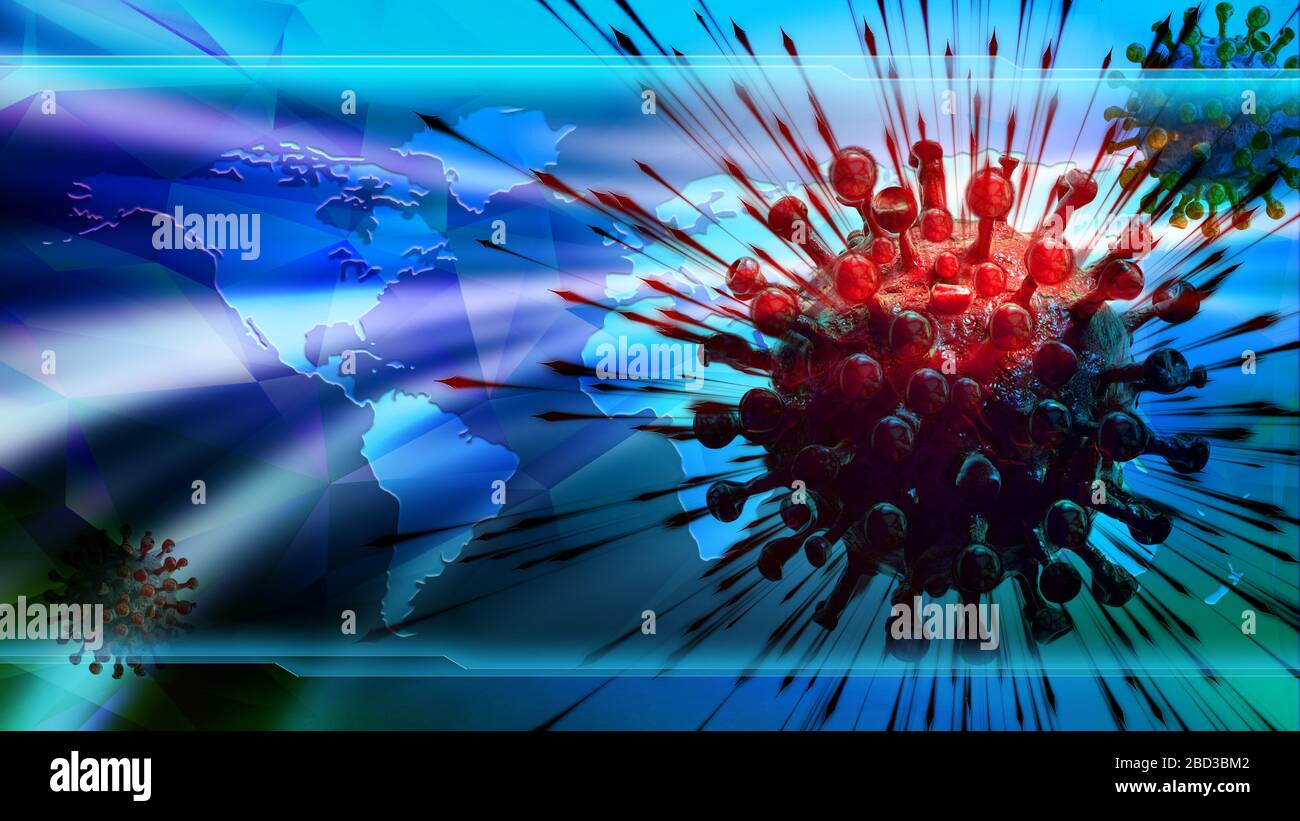 Coronavirus COVID 19 cell at world map blue background. Concept design ...