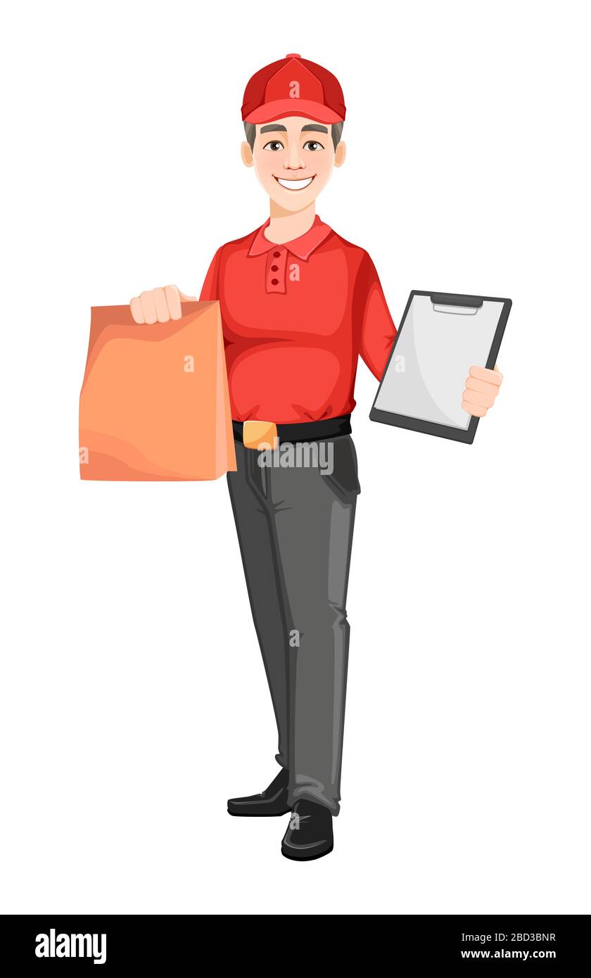 Courier holding paper bag and clipboard. Delivery service concept ...