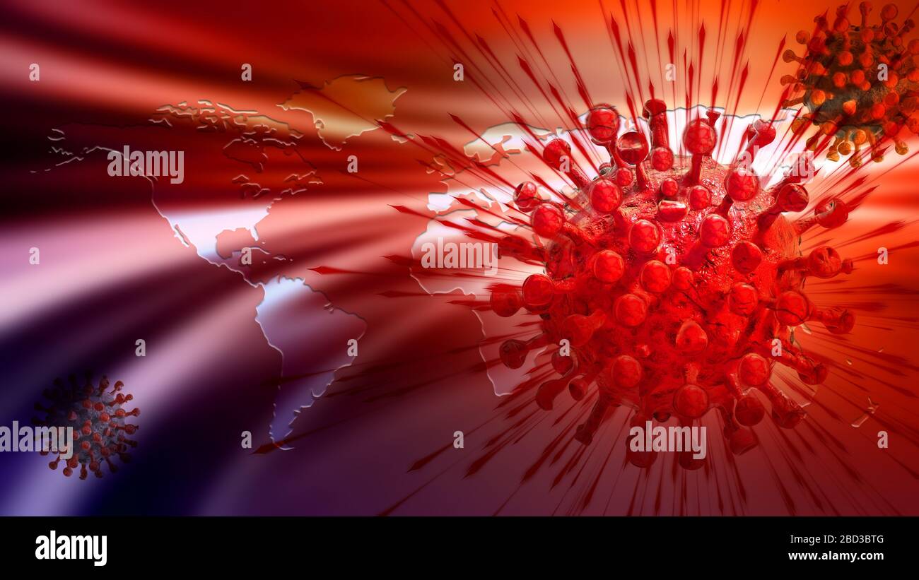 Coronavirus COVID 19 cell at world map red background. Concept ...
