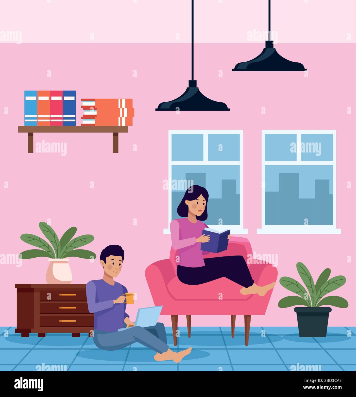 couple in quarentine livingroom scene Stock Vector Image & Art - Alamy