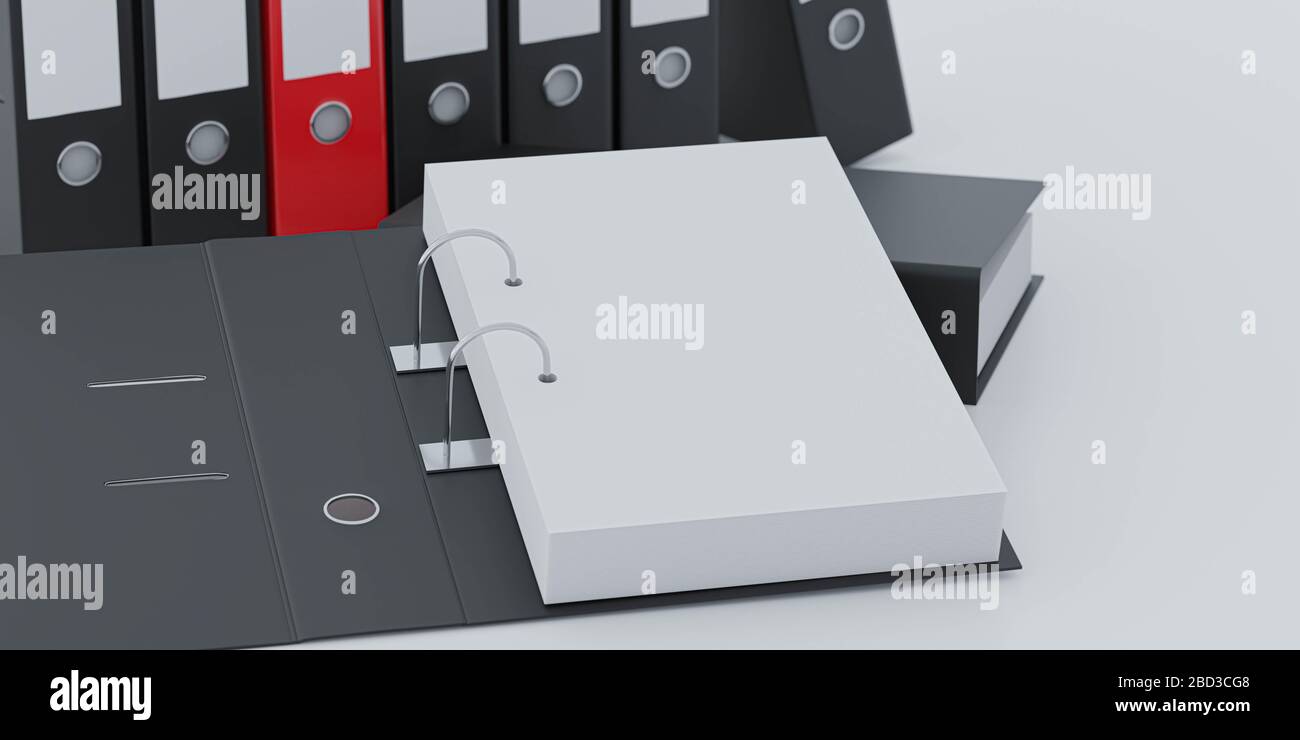 document folders standing on white desk in office loft with copy space ...