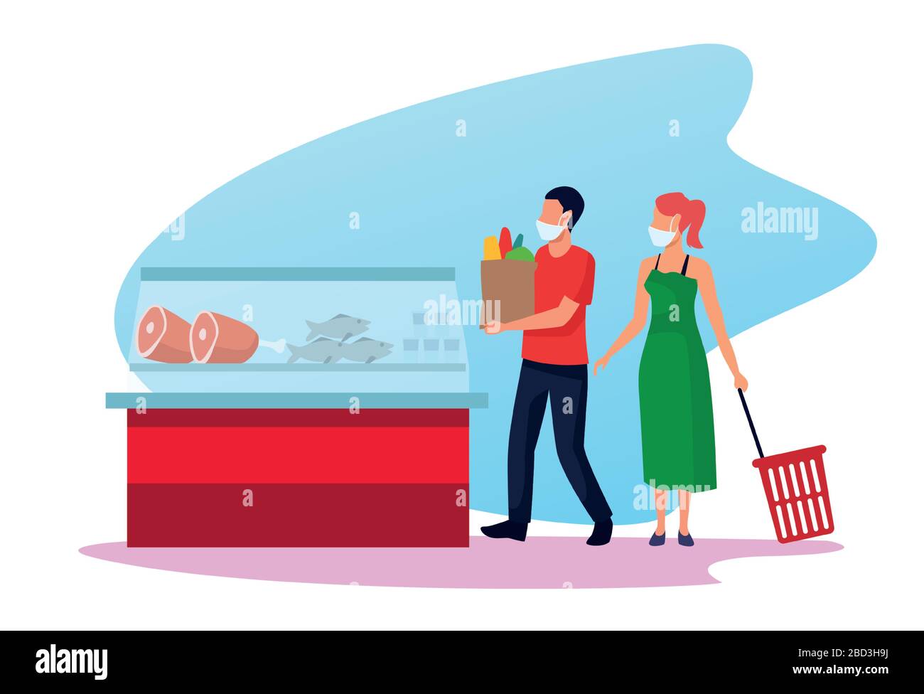 couple using face masks in supermarket Stock Vector Image & Art - Alamy