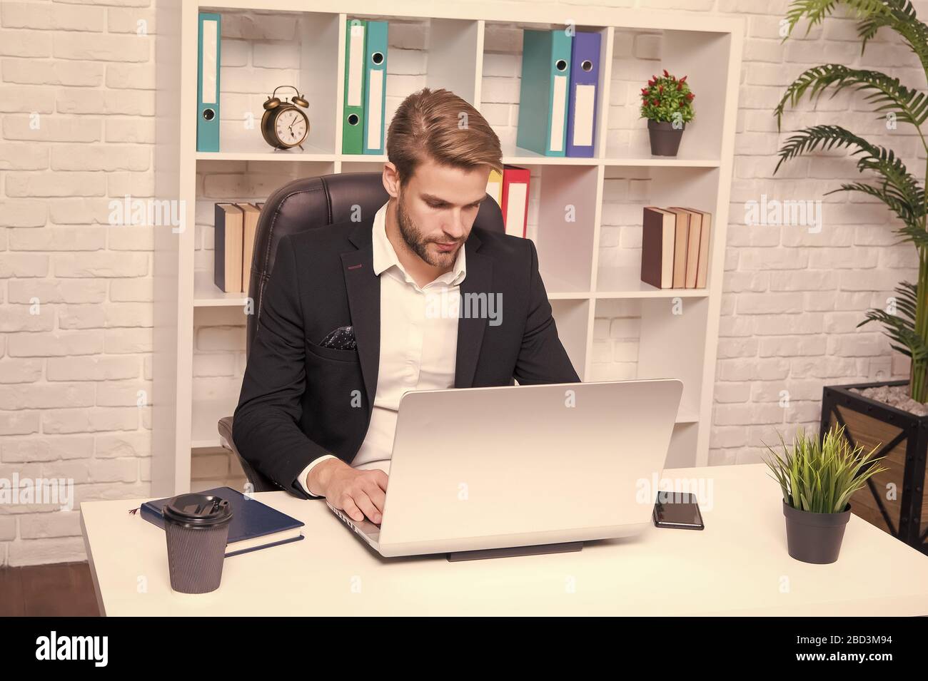 Office man. Handsome man work on computer. Caucasian man in formal ...