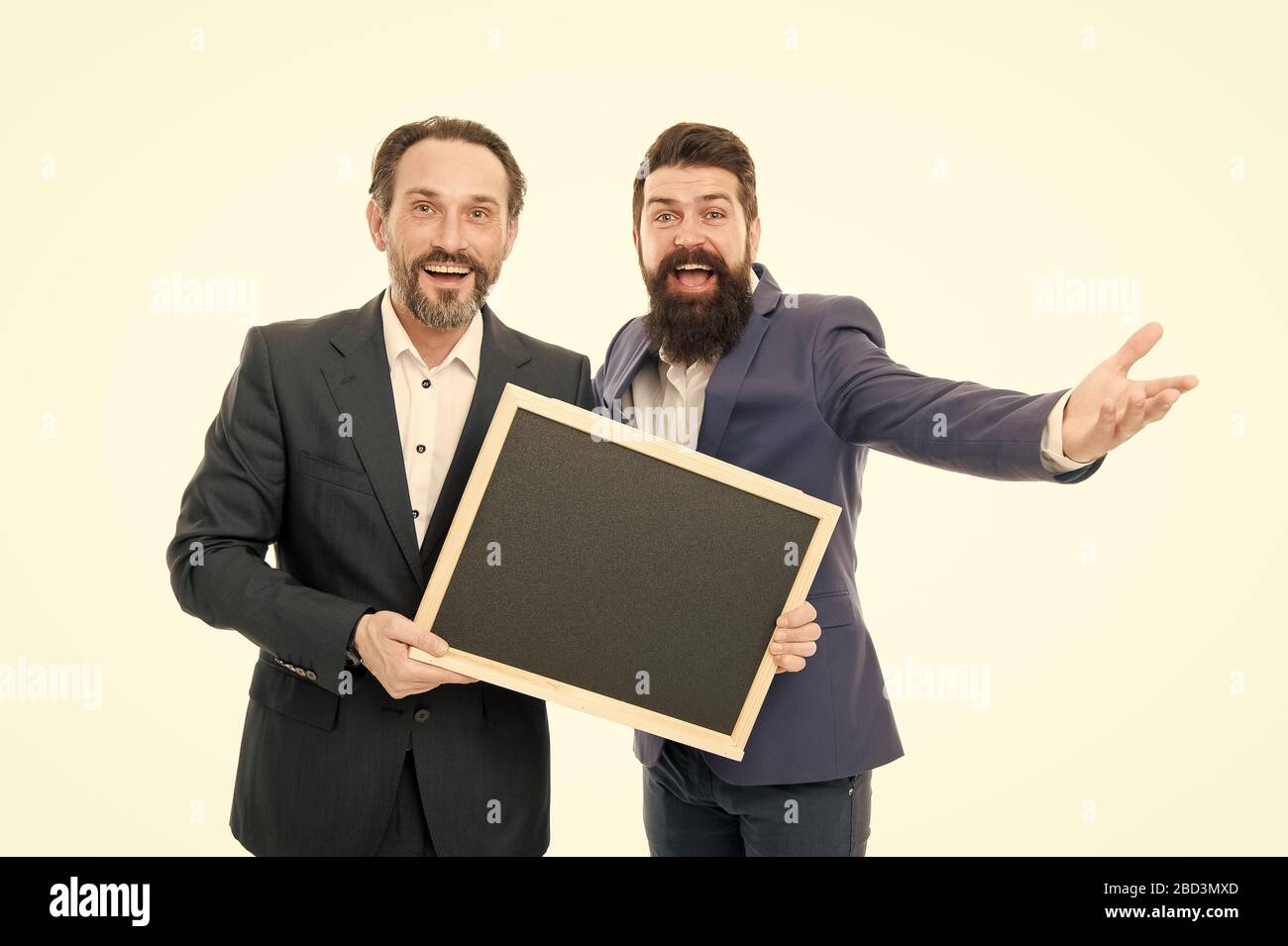Interesting information. Business people concept. Men bearded guys wear ...