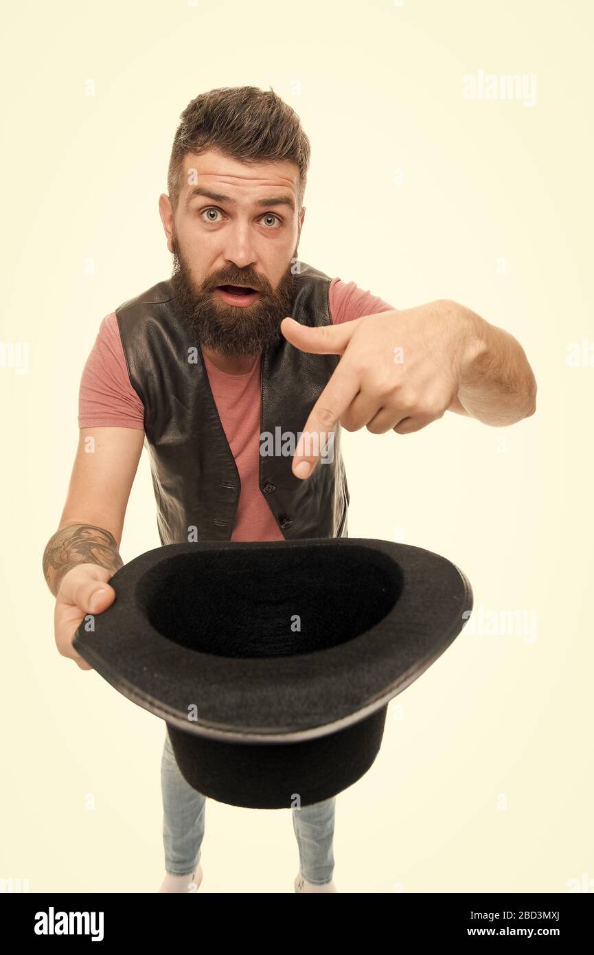 Begging for something. Begging man with old fashioned hat. Bearded man ...