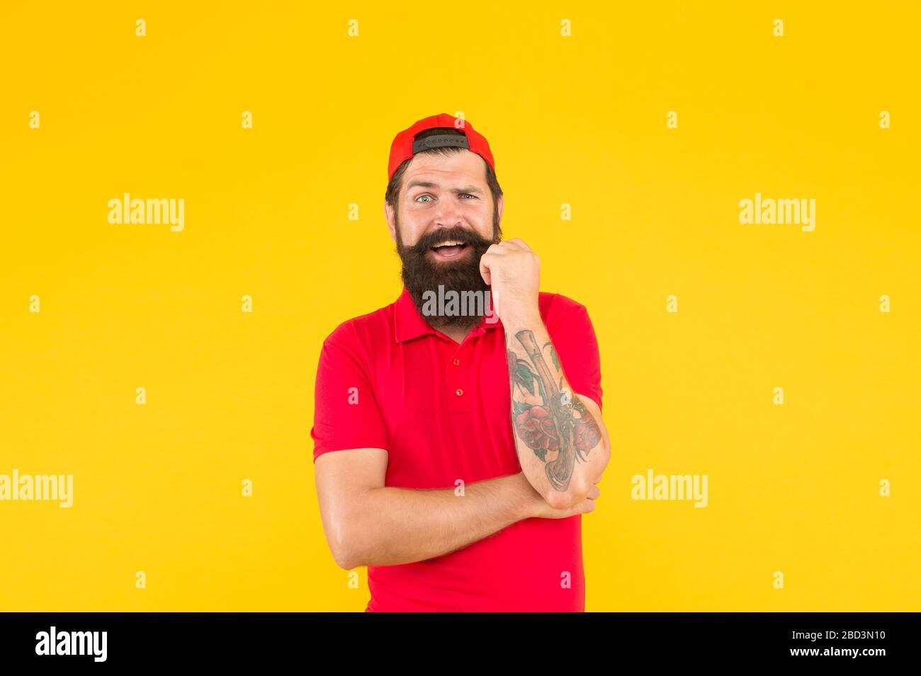 Restaurant cafe staff wanted. Man bearded tattooed hipster wear cap ...