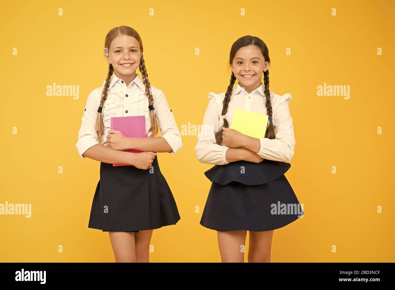 happy girls study with notepad. project work together. literature ...