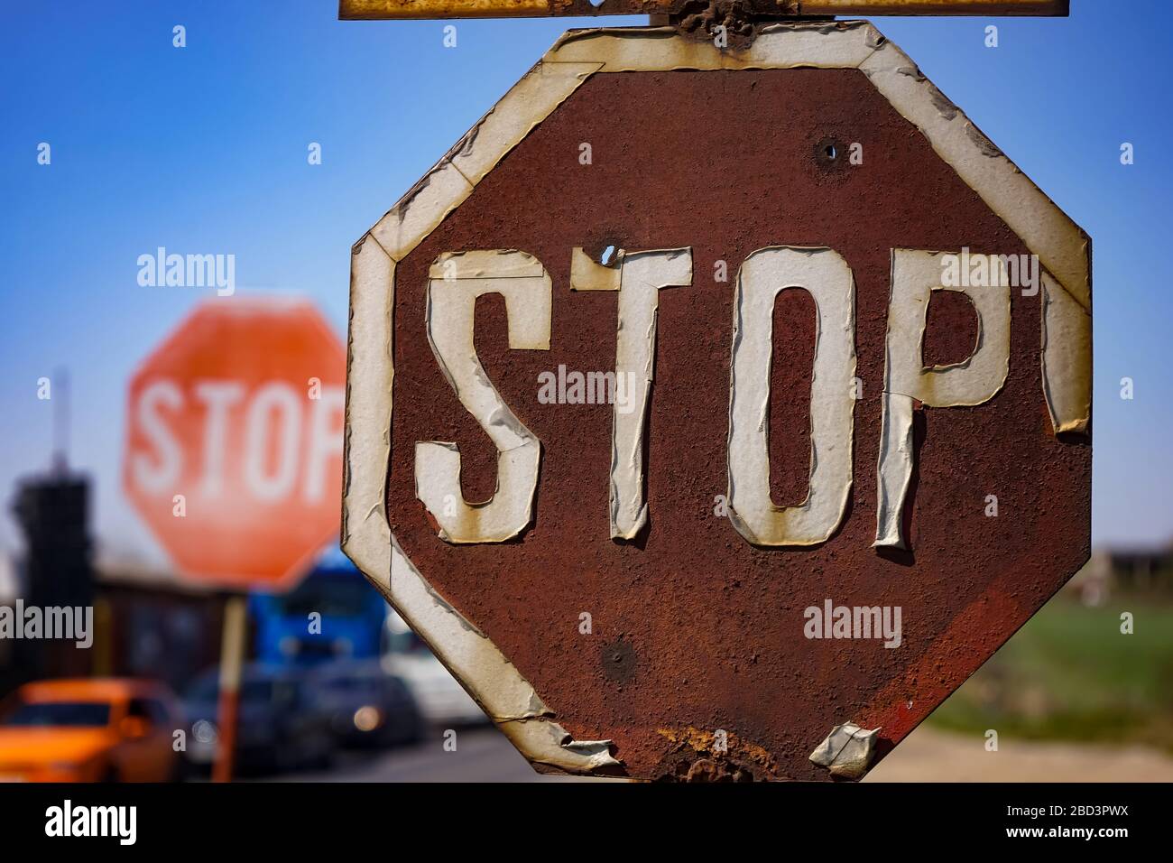 Bucharest, Romania - April 06, 2020: A rusty stop sign at the ...