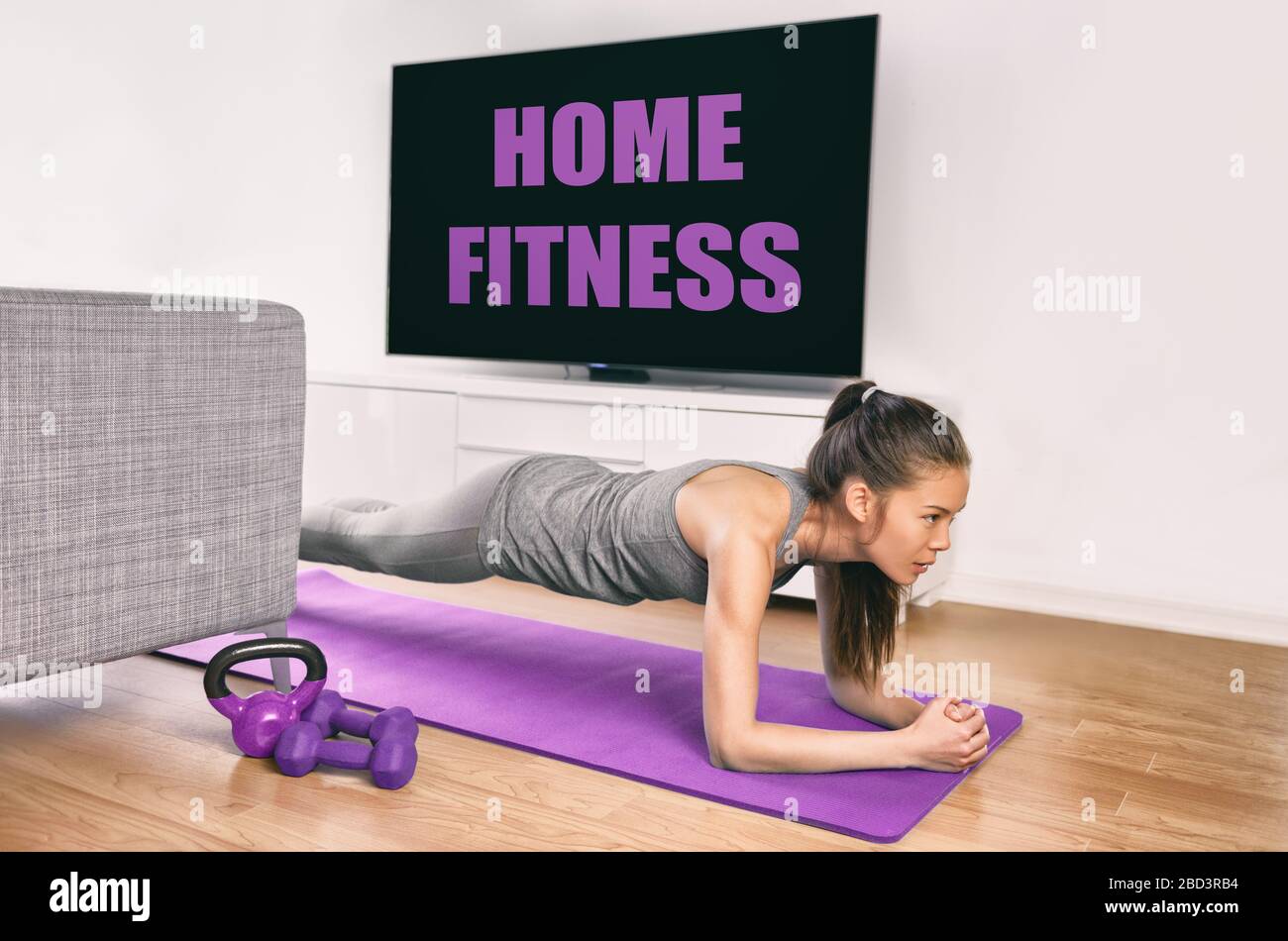 Fitness Workout Staying At Home Indoors Asian Girl Doing Plank