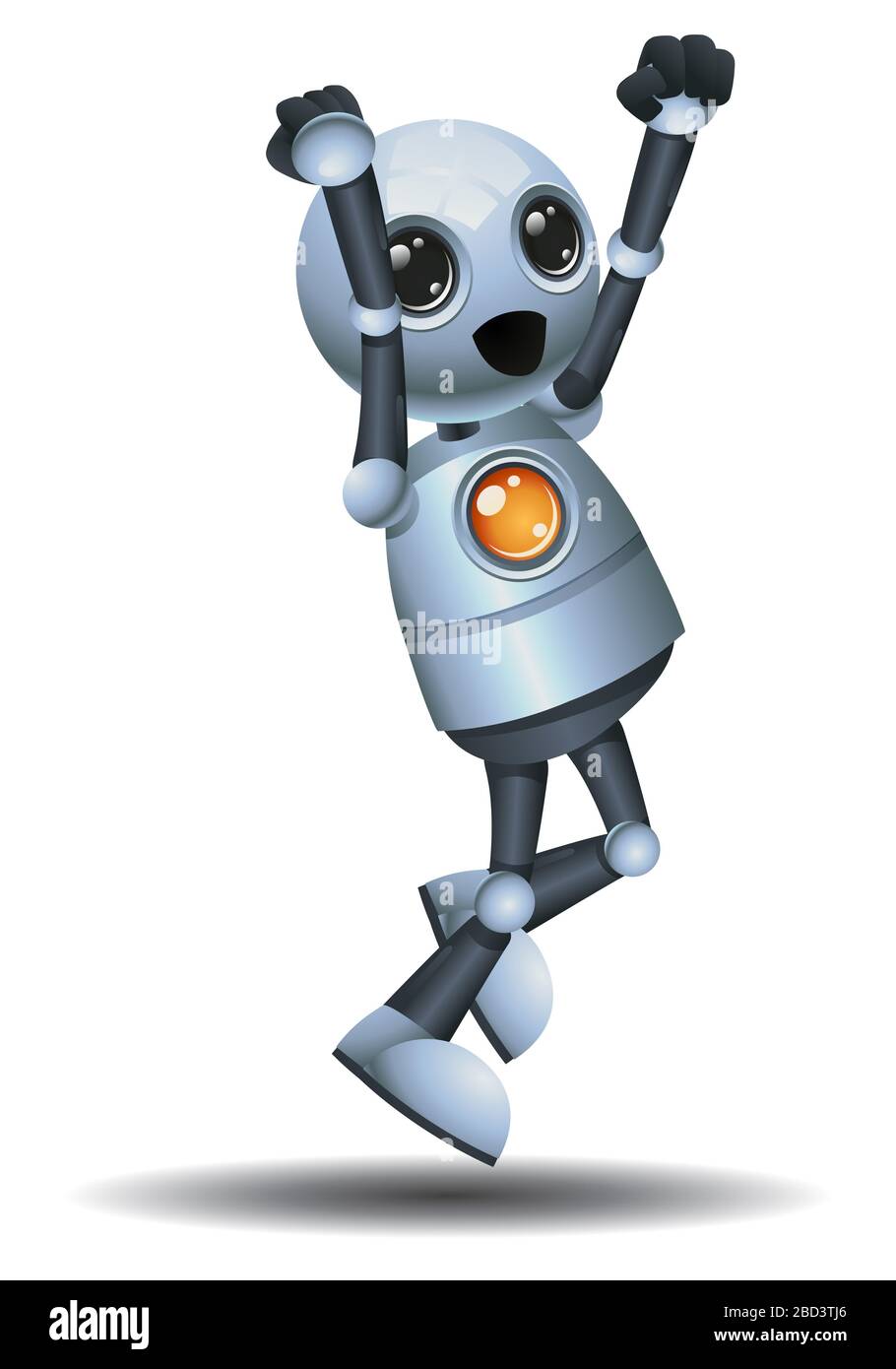 3d illustration of little robot runner jumping in joy on isolated white ...