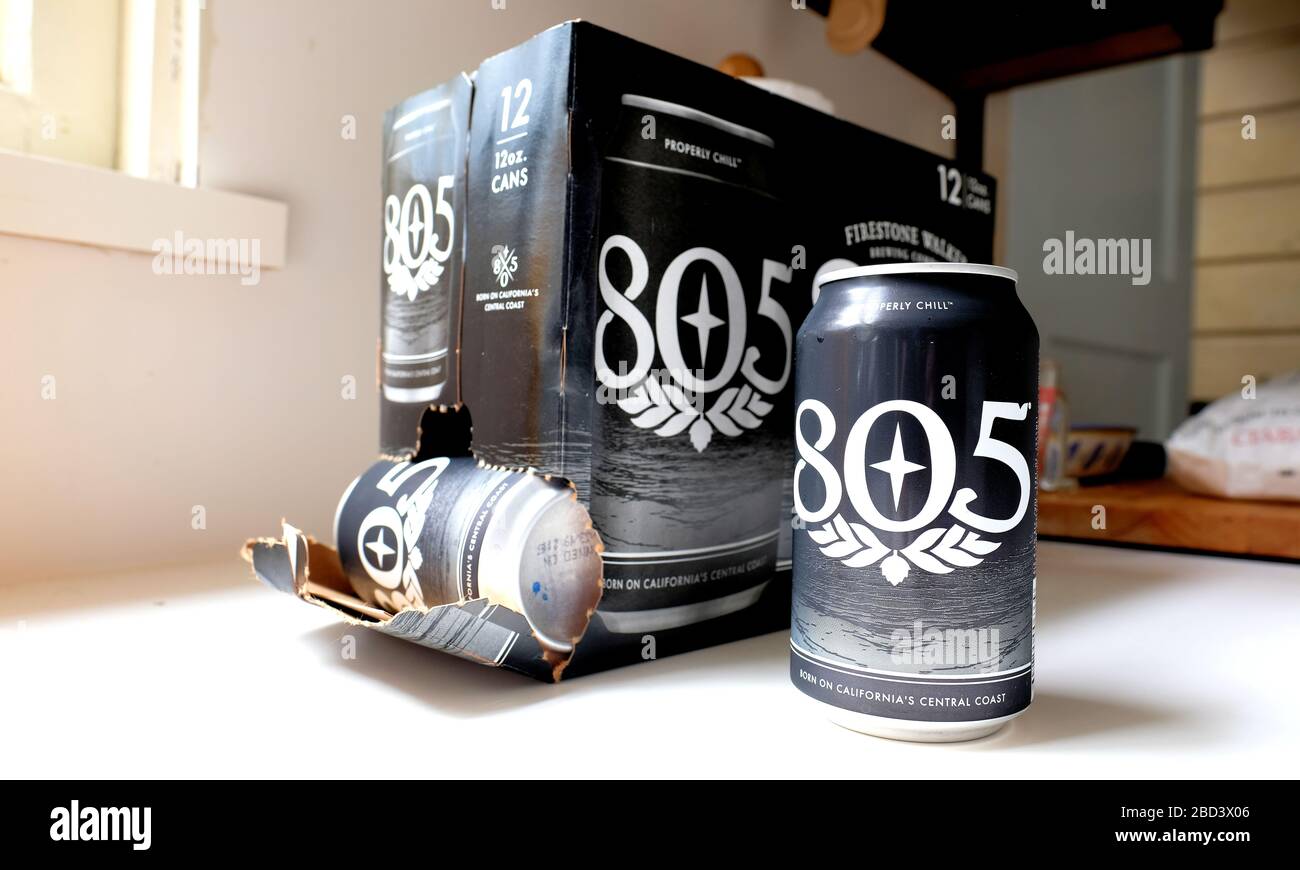 A can of Firestone Walker's 805 beer on a kitchen counter next to a ...