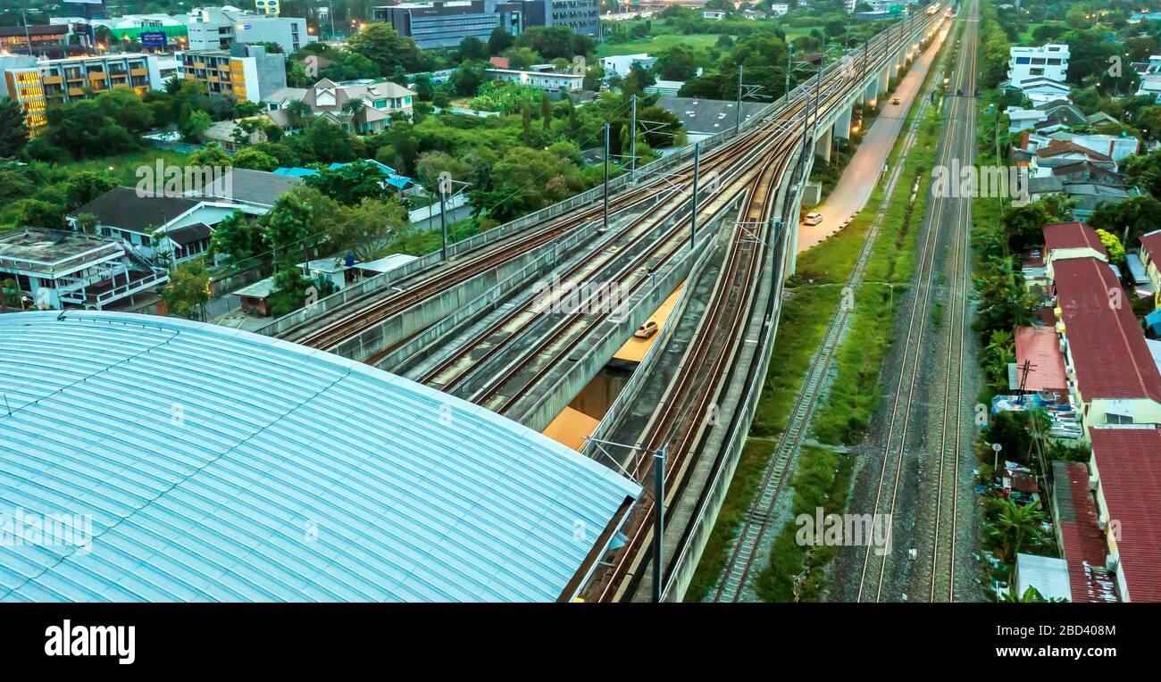 Aerial view of electric train in Morning time Stock Photo - Alamy
