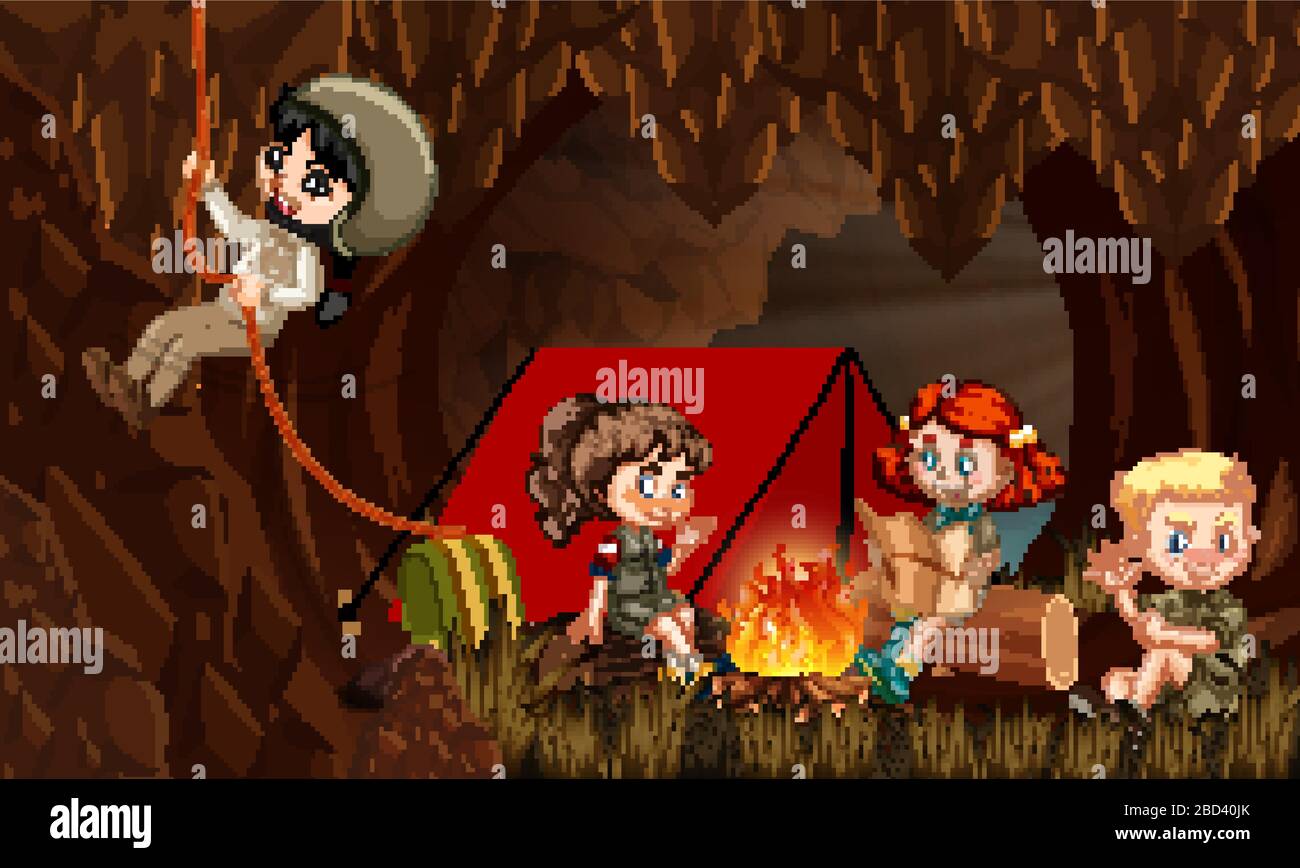 Scene with happy children camping in the cave at night illustration ...