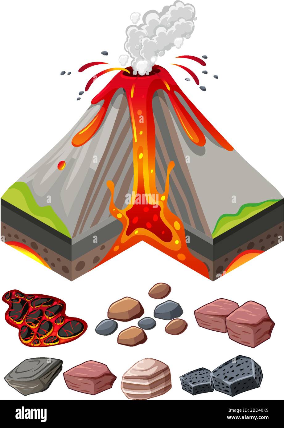 Different types of rocks and volcano eruptions illustration Stock ...