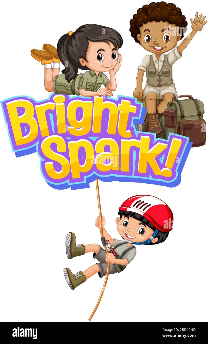 Font design for word bright spark with happy kids illustration Stock ...