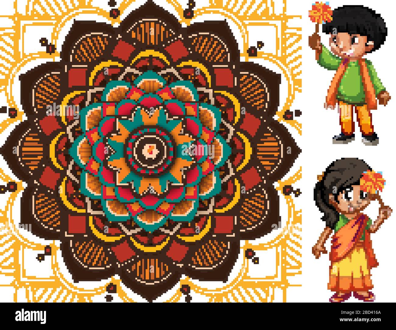 Mandala pattern design and two happy kids illustration Stock Vector ...