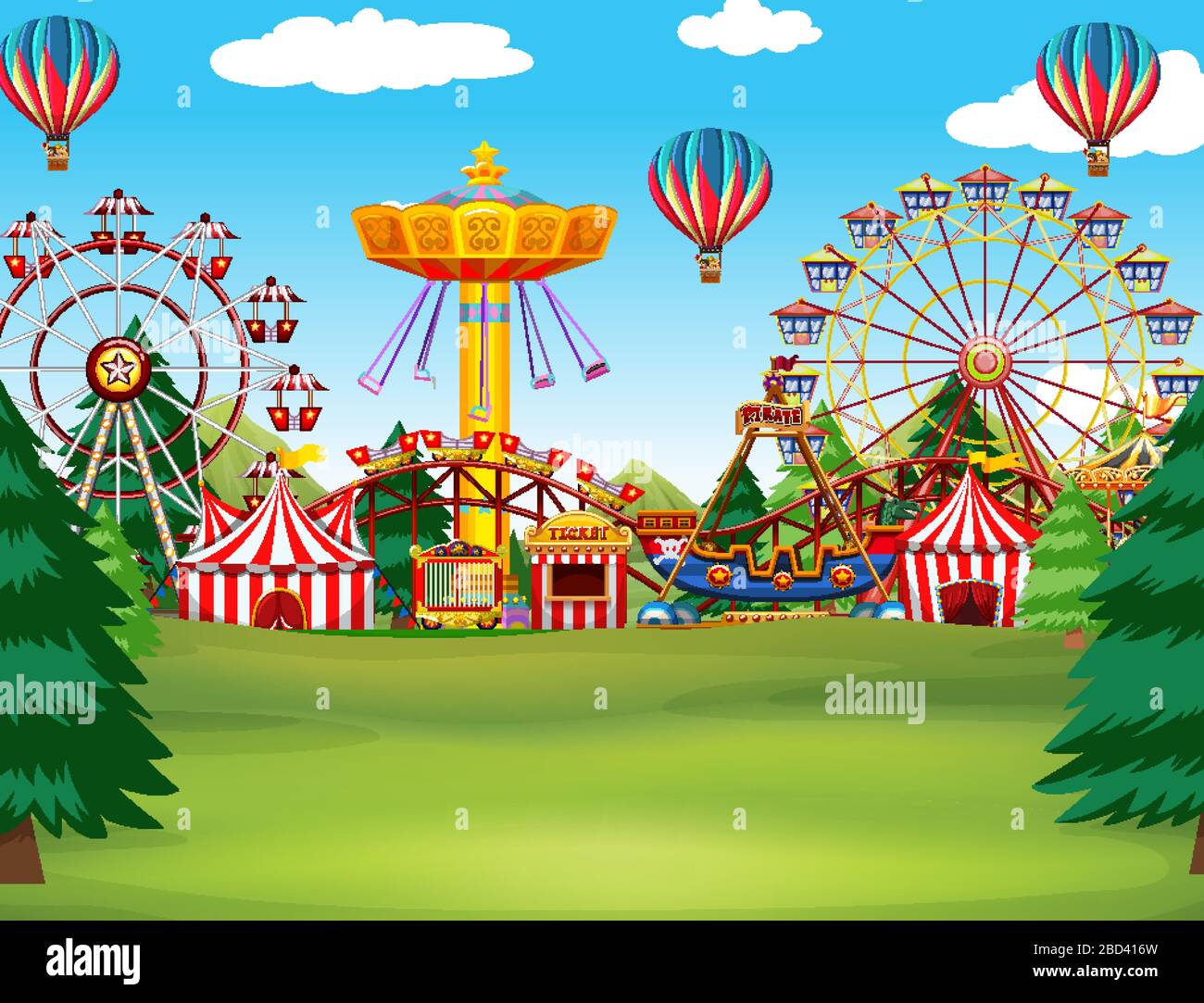 Themepark scene with many rides and balloons in the sky illustration ...