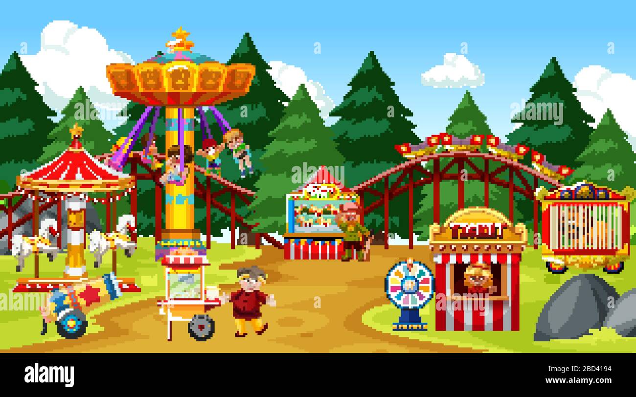 Themepark scene with many rides and many people illustration Stock ...